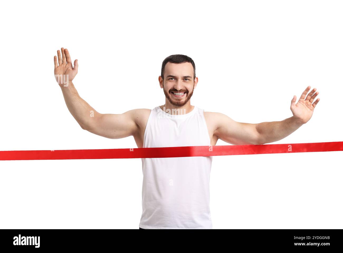 Handsome young man crossing red finish line on white background Stock ...