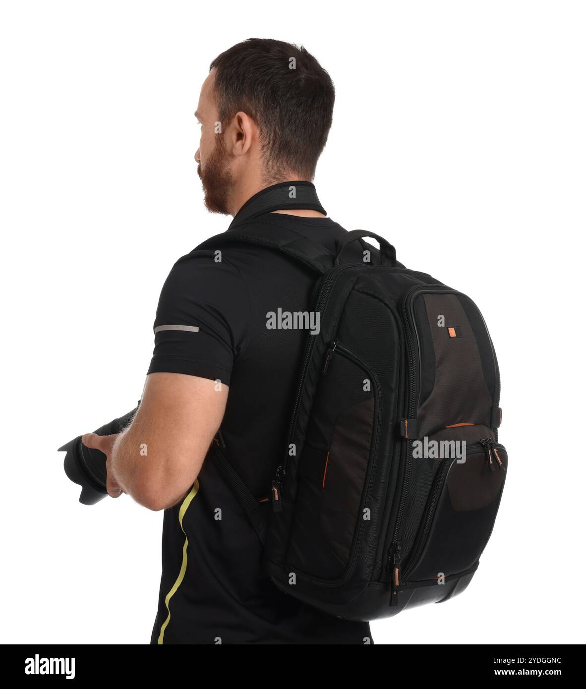 Photographer with backpack and camera on white background, back view ...