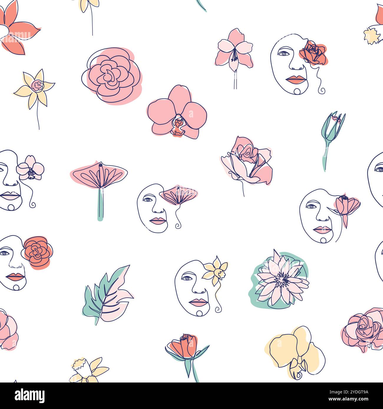 Woman face Continuous line seamless pattern. Abstract Female portrait ...