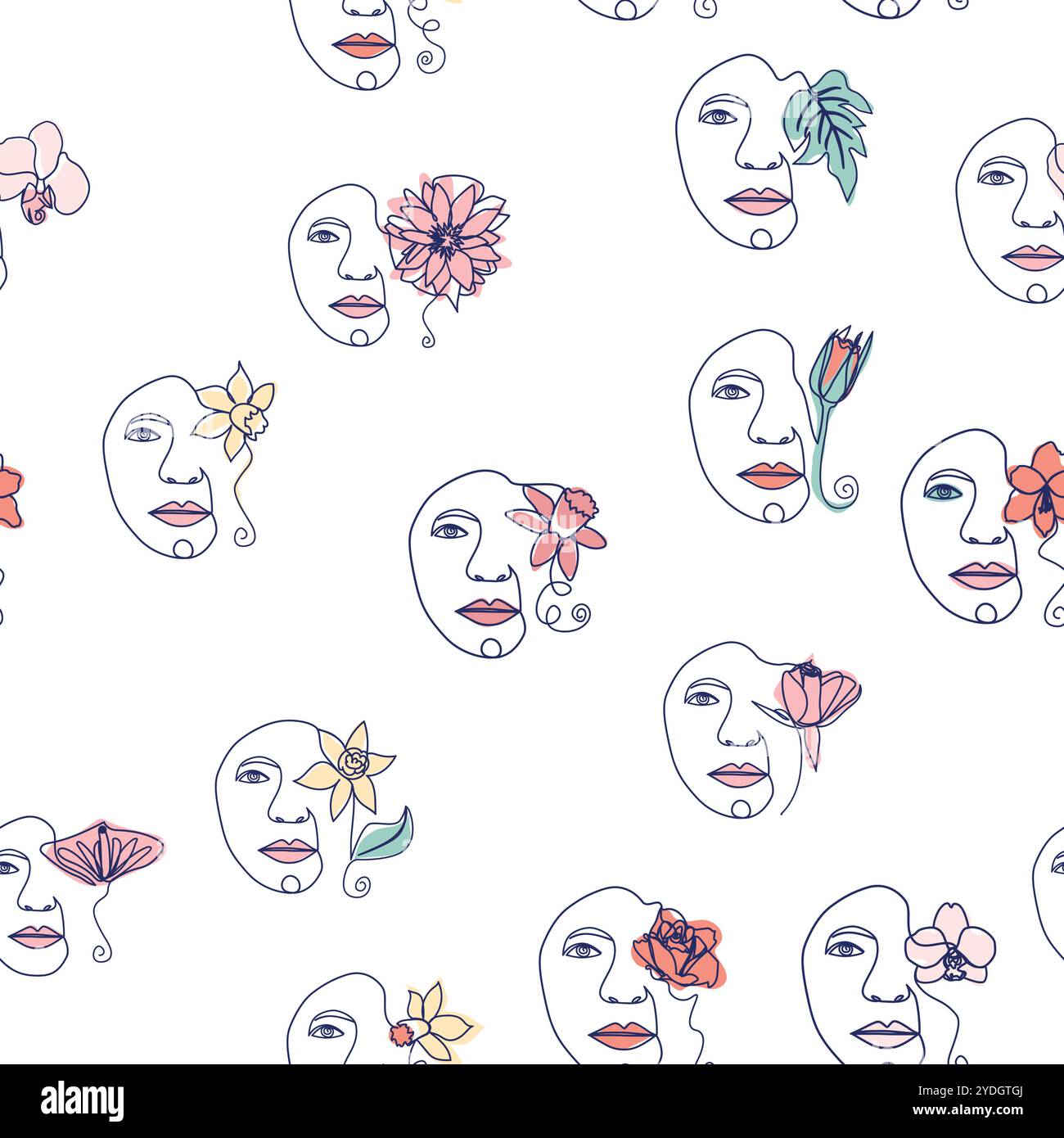 Woman face Continuous line seamless pattern. Abstract Female portrait ...