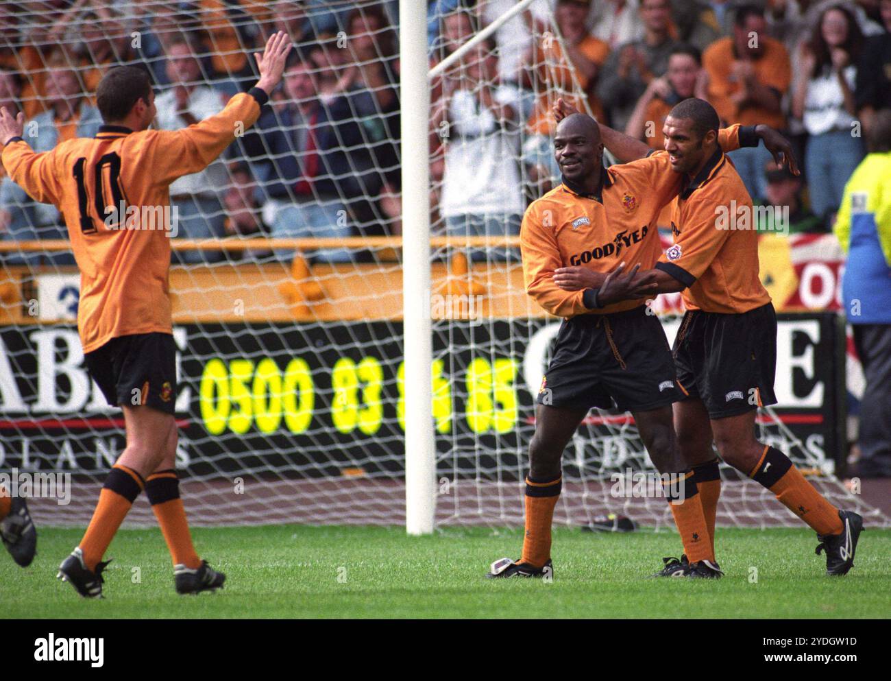 Wolves footballers Don Goodman and Tony Daley celebrating goal ...