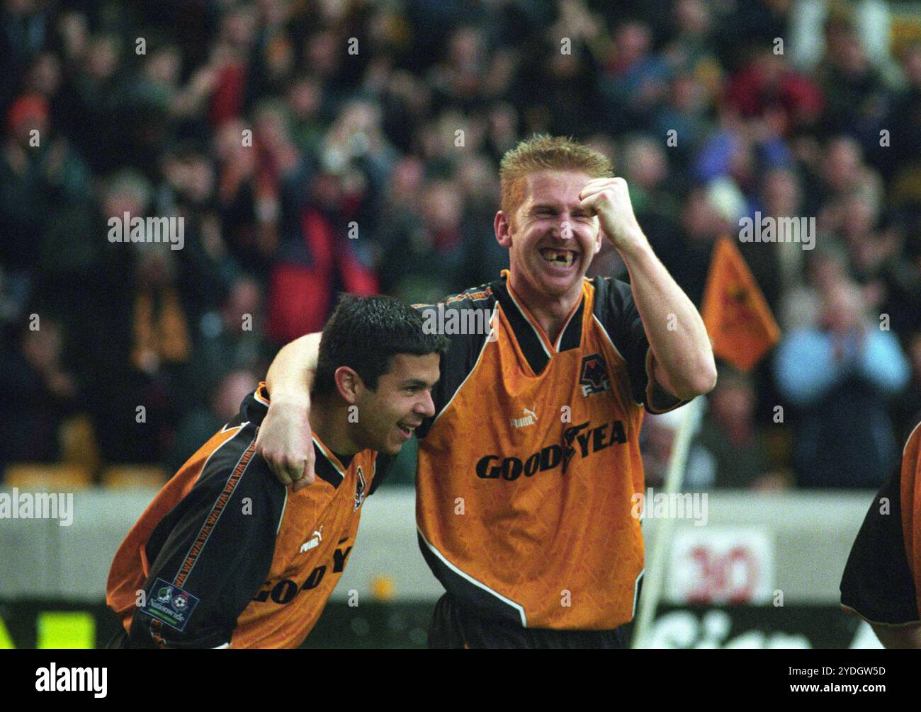 Wolves footballer Iwan Roberts celebrates with Steve Corica ...