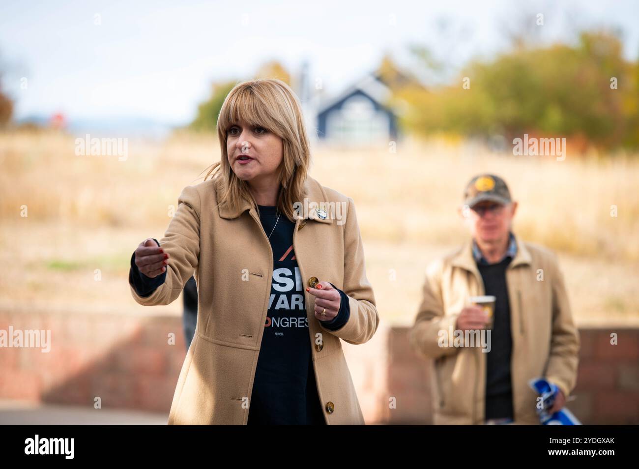 Denver, Colorado, USA. 26th Oct, 2024. Democrat Trisha Calvarese speaks ...
