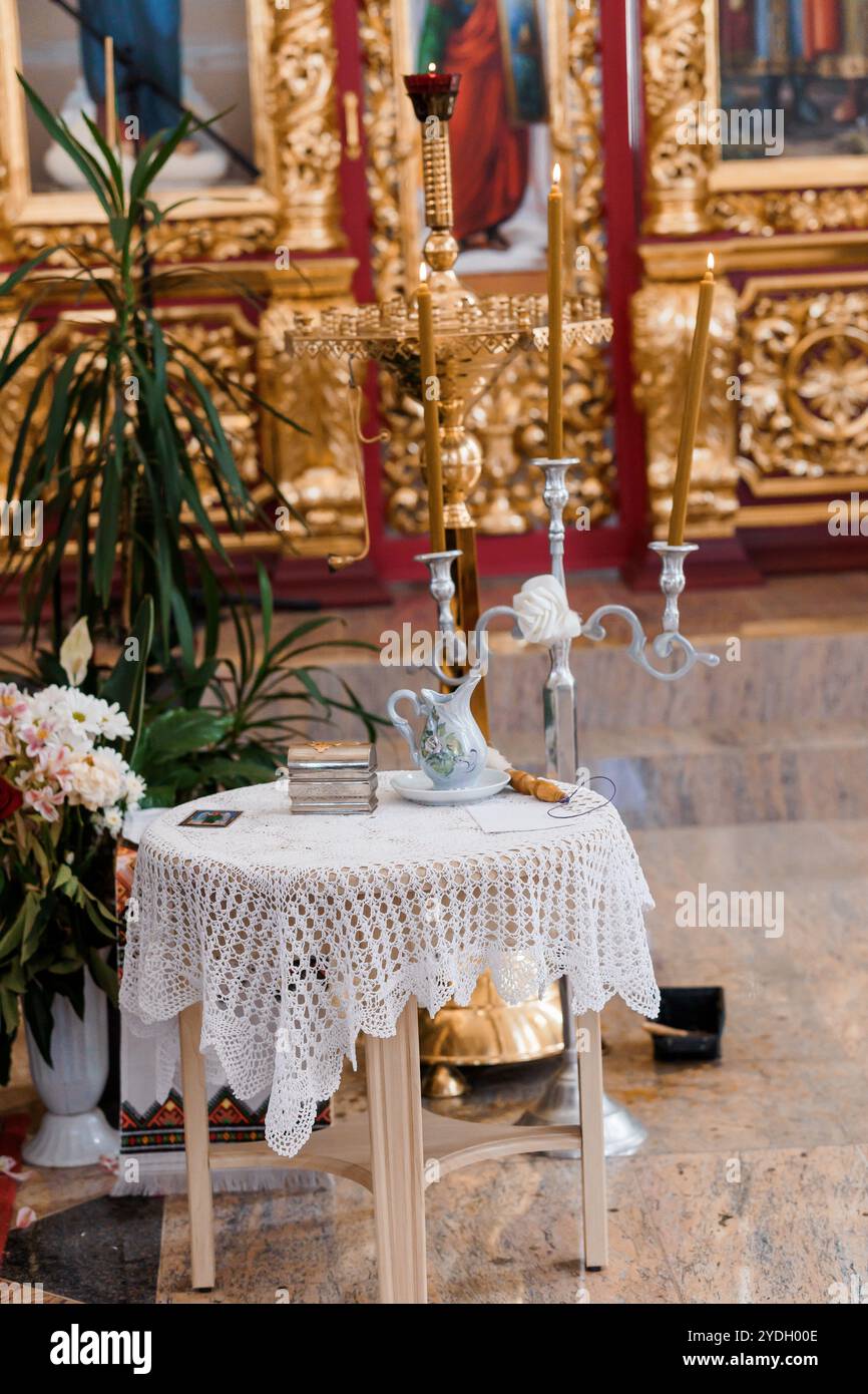 A Serene Altar Scene Decorated with Candles and Religious Symbols Stock ...