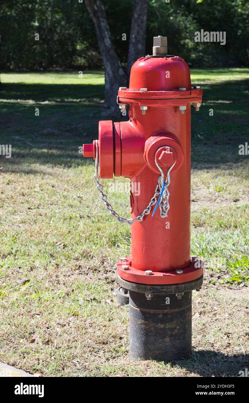 Red fire hydrant water supply fireplug with shield body on lawn by ...