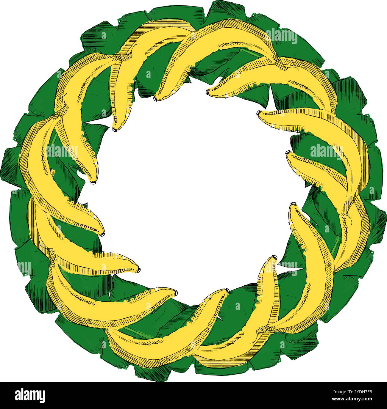 Yellow banana frame with leaves. Exotic fruit round circle template ...