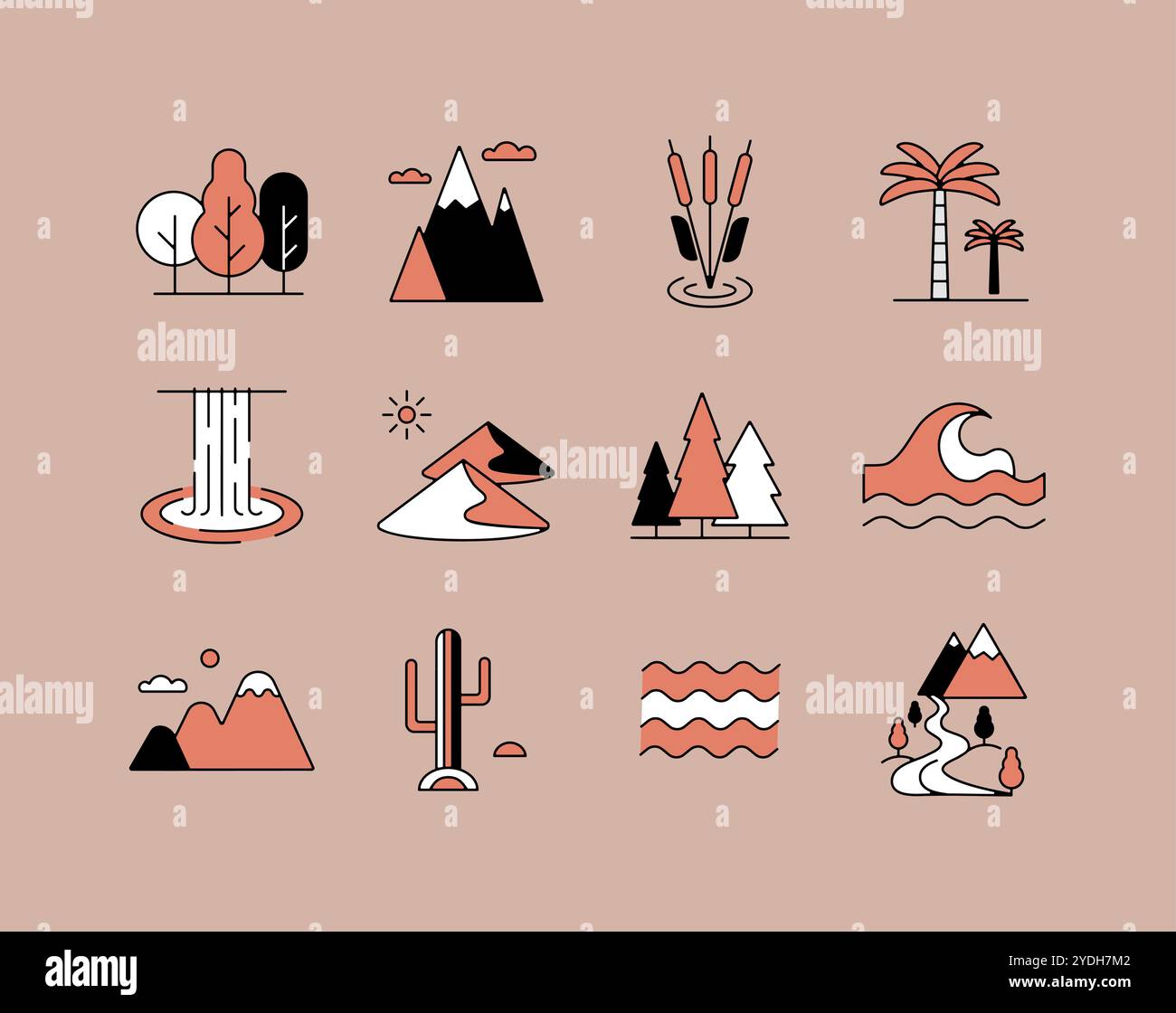 Vector nature isolated icons set. desert, mountains, forest, river, sea ...