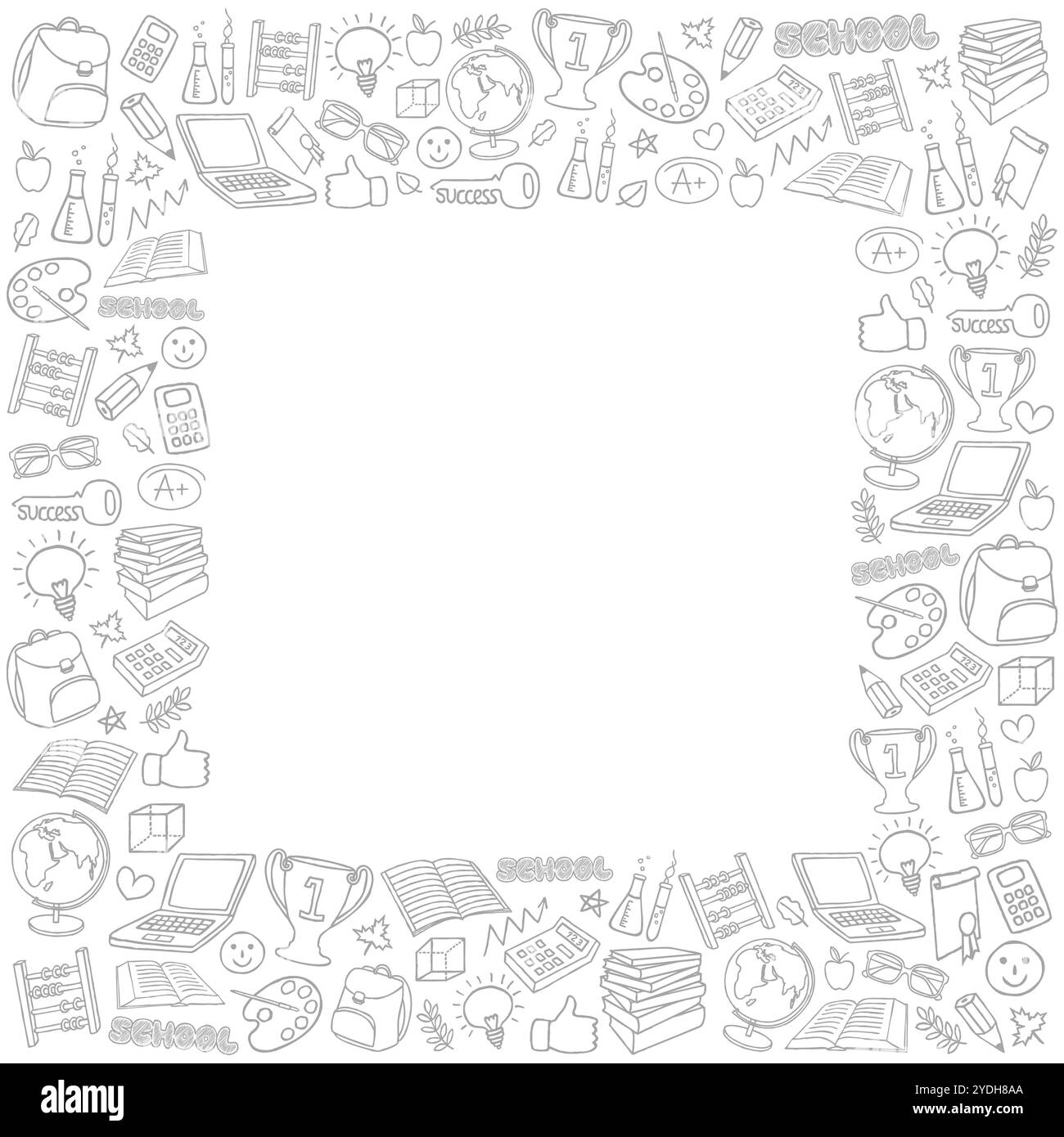 Hand drawn Back to School stationary frame or border. Set of school and ...