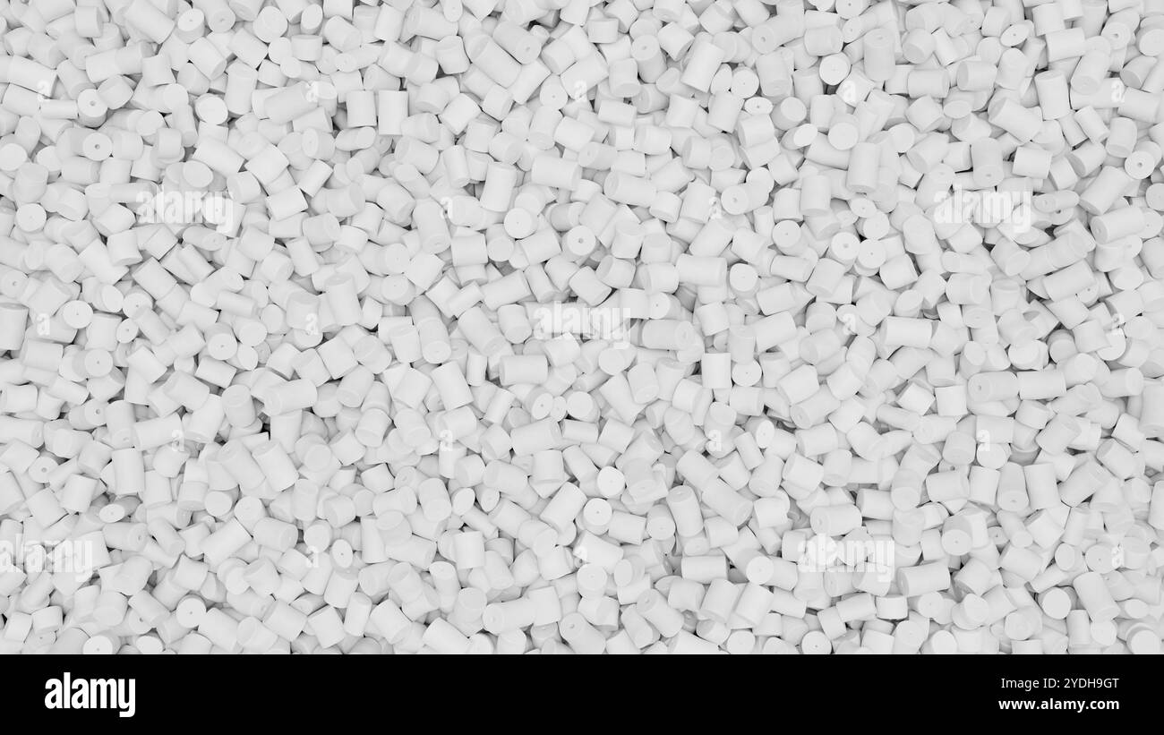 Closeup top view of white plastic polypropylene granules, masterbatch ...