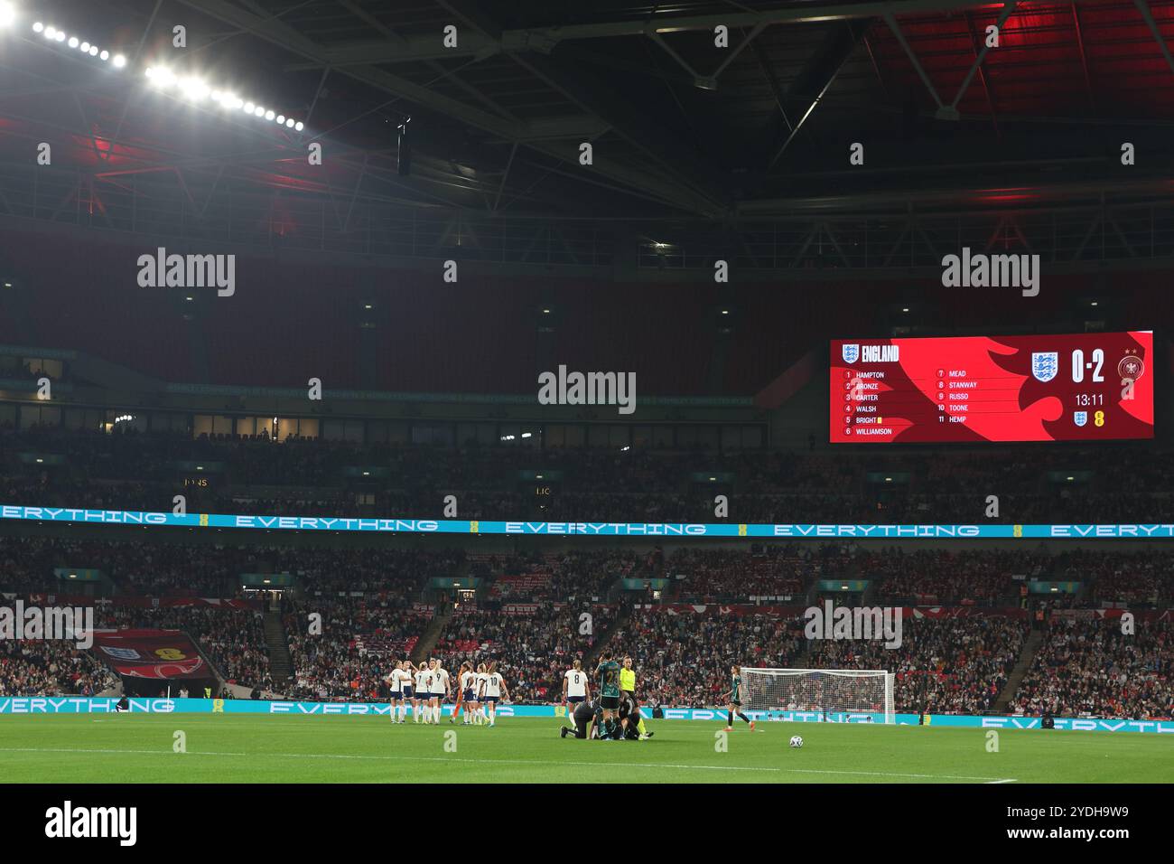 Stadium and crowd with team huddle England v Germany women's football ...