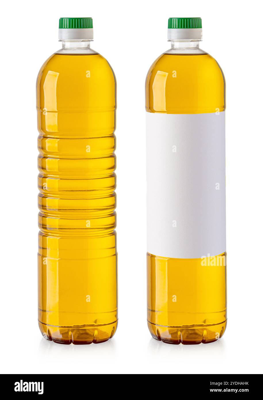 Set of two plastic oil bottles with label isolated on white background ...