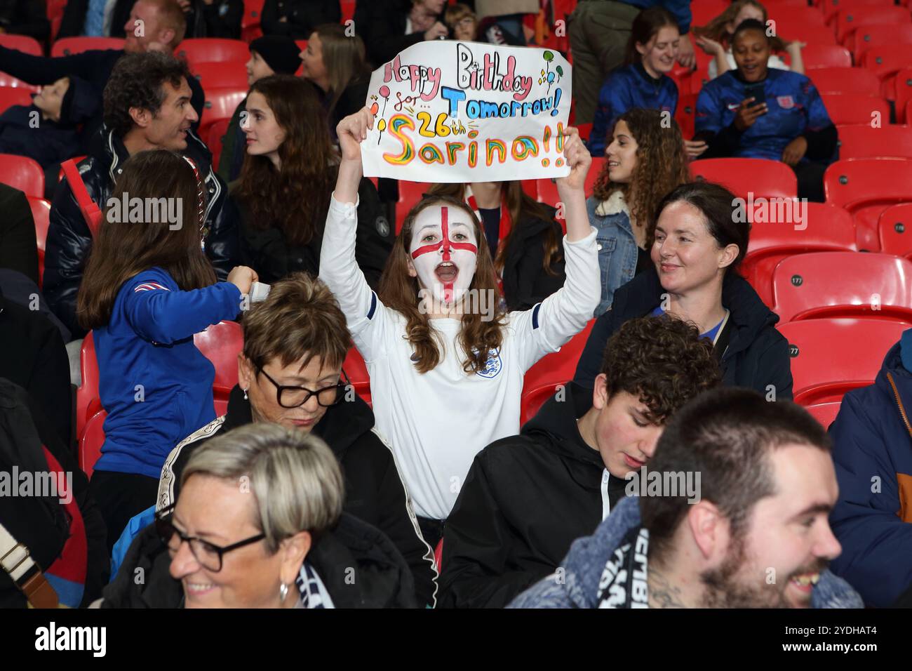 Girl football fan poster Sarina Wiegman face painted St Geroges cross ...