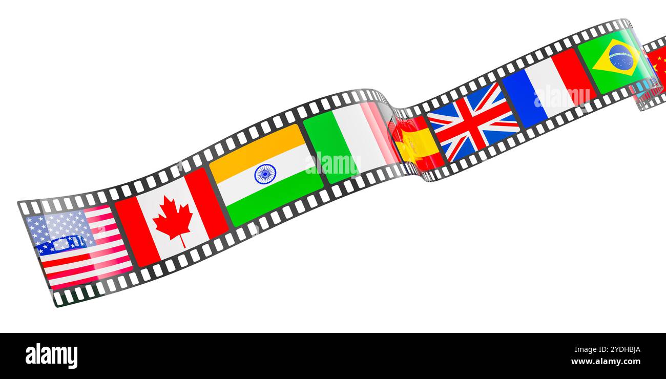 Film strip with different flags, 3D rendering isolated on white ...