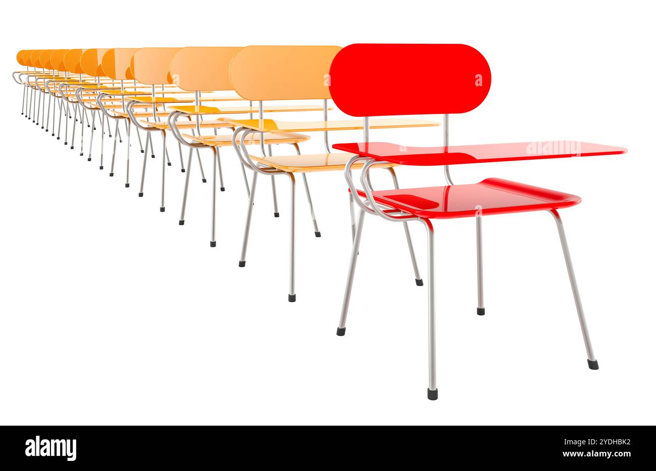 Education leader, concept. Red school desk from row of school desks. 3D ...