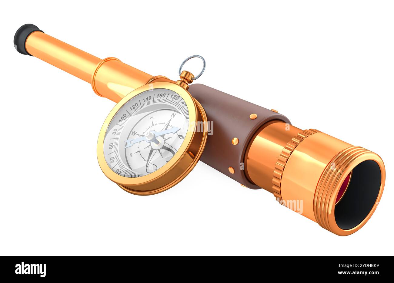 Solid Brass Handheld Telescope with Compass. 3D rendering isolated on ...