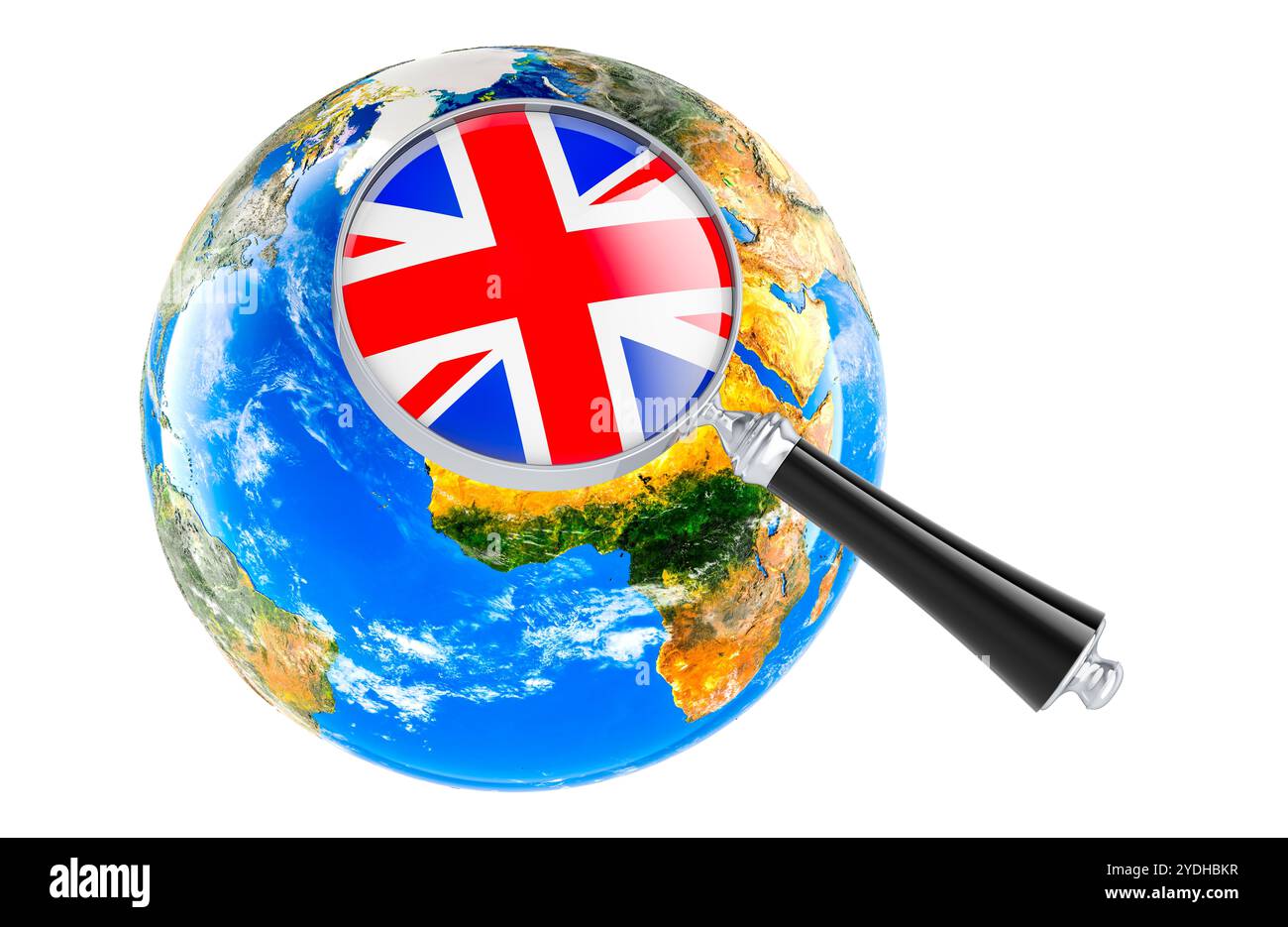 The United Kingdom flag under magnifying glass with Earth Globe, 3D ...