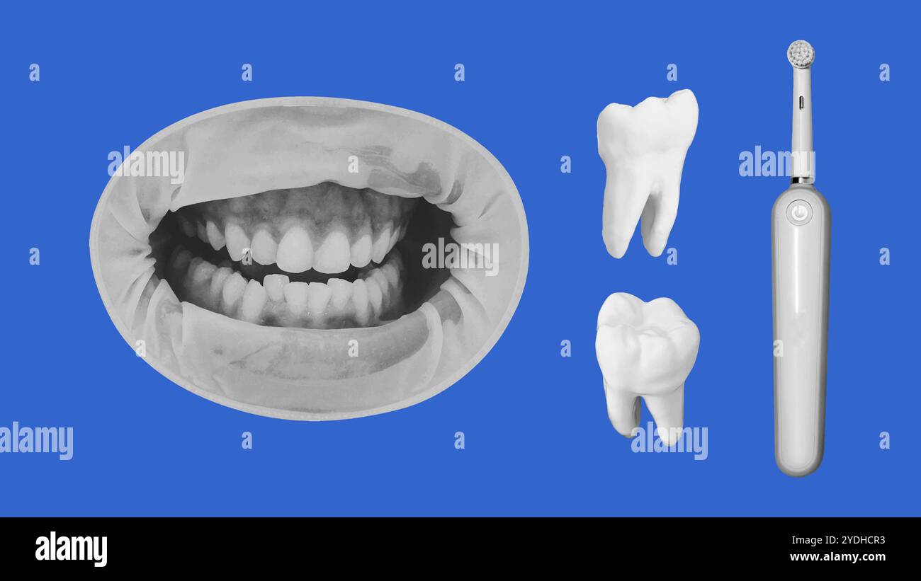 Tooth and dental related object collage. Opening mouth showing teeth ...