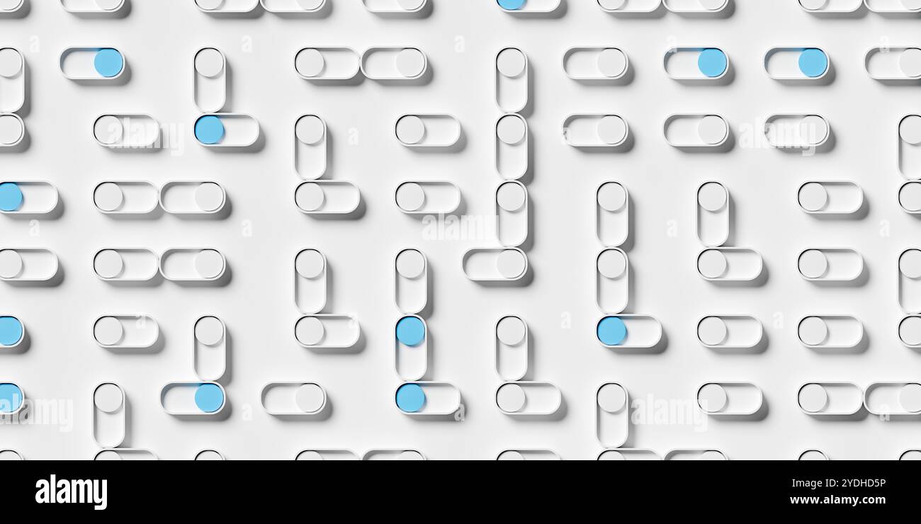 Sparse grid of switches turned on and off on white background, abstract ...