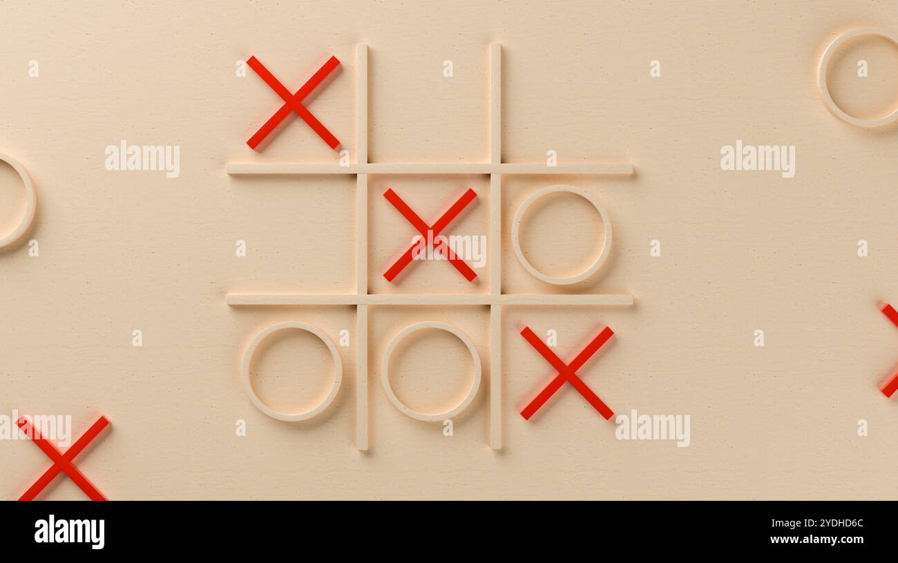 Wooden crosses and circles tic tac toe game with red crosses winner on ...
