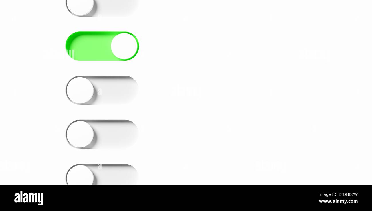 One green switch turned on in series or row of switches turned off on ...