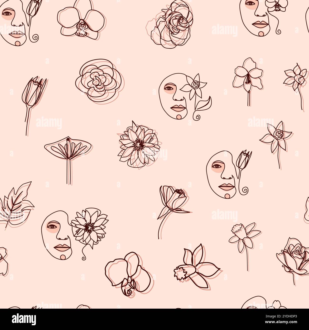 Female portrait Outline woman face, abstract flowers leaves, line ...