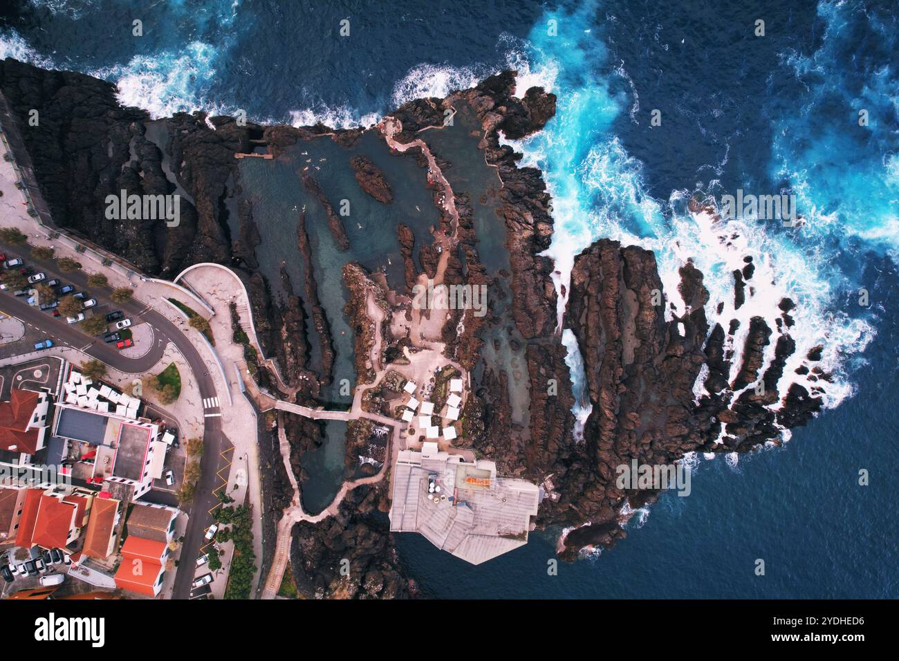 Aerial view of Porto Moniz with volcanic lava natural swimming pools, Madeira, Portugal Stock ...