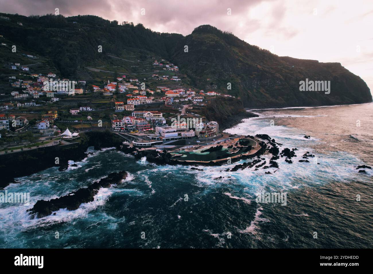 Aerial view of Porto Moniz with volcanic lava natural swimming pools ...