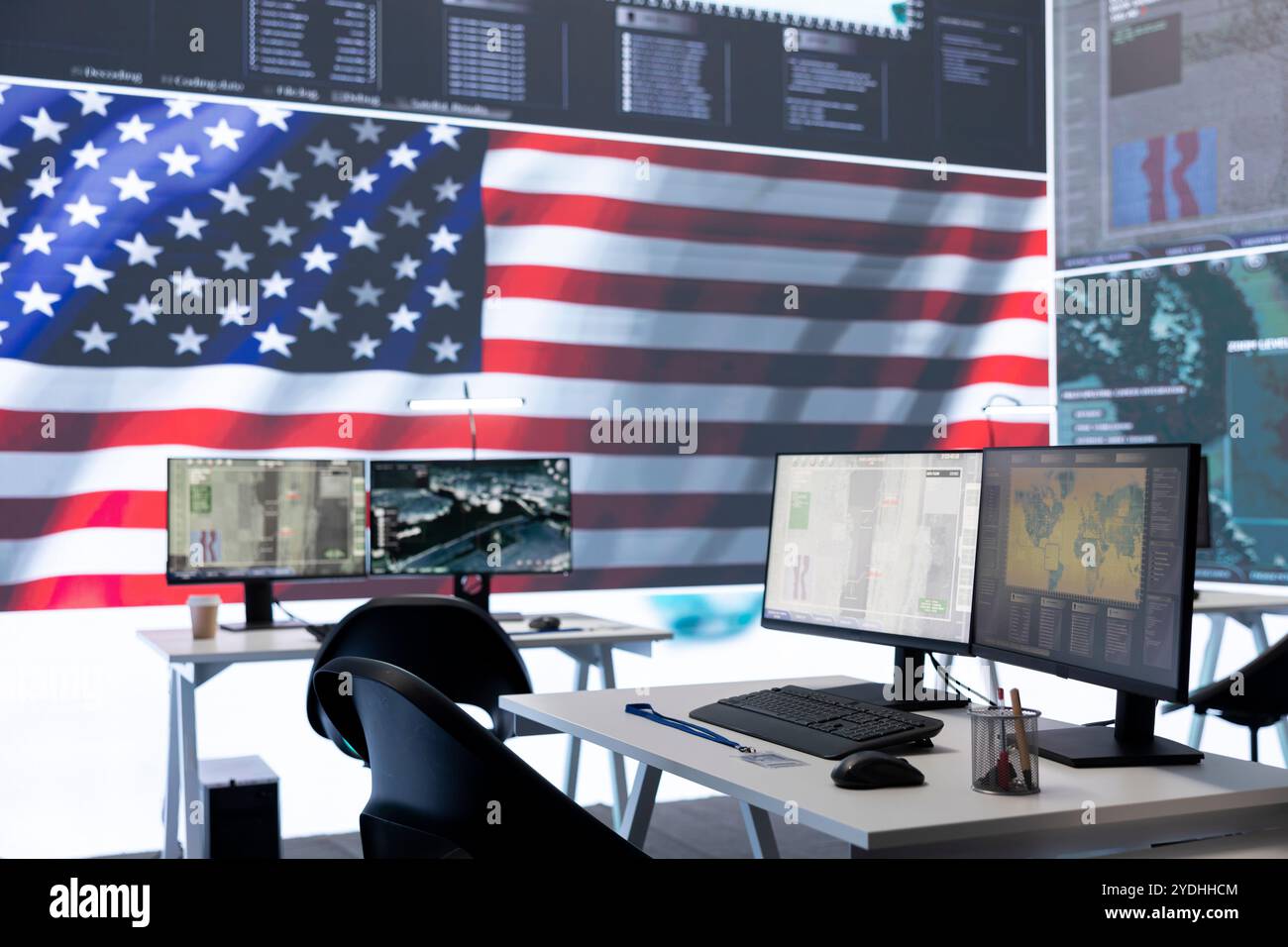 Empty operations center with an American flag working on national ...