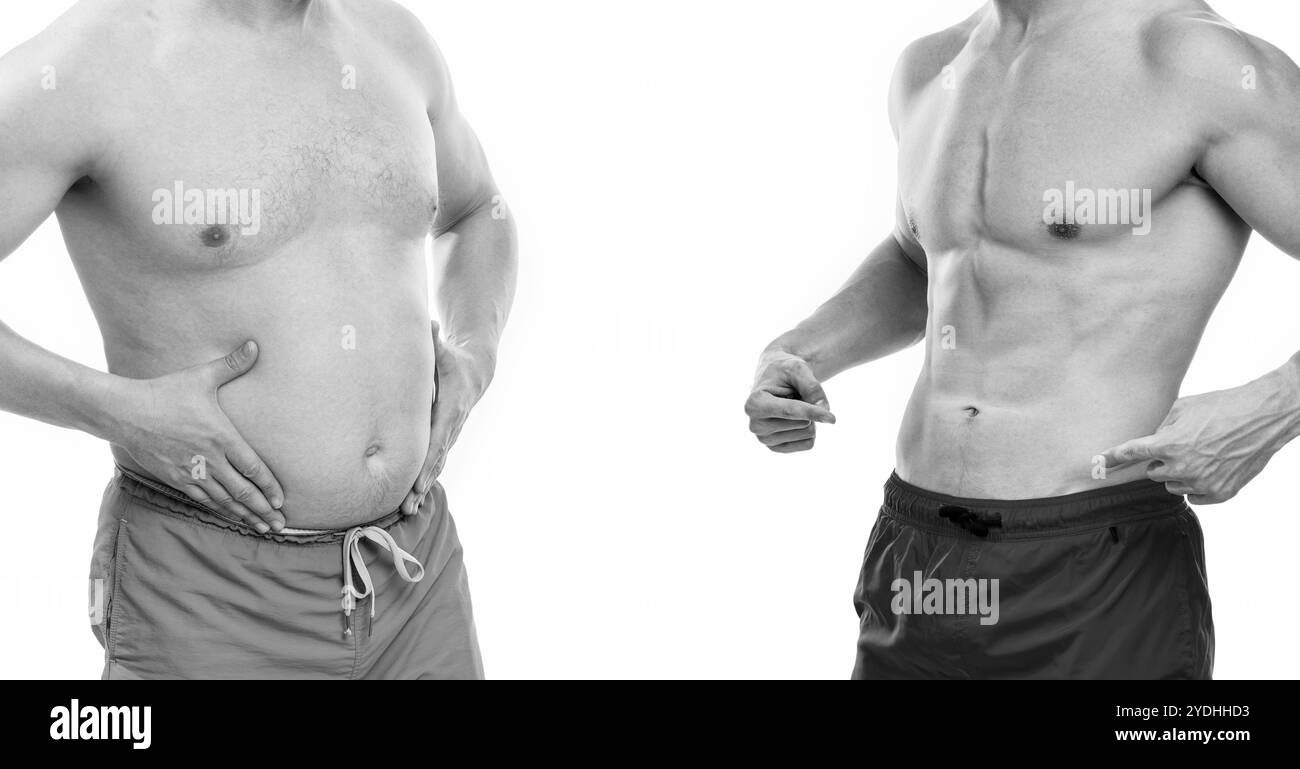 cropped men with before and after body comparison, pointing finger ...