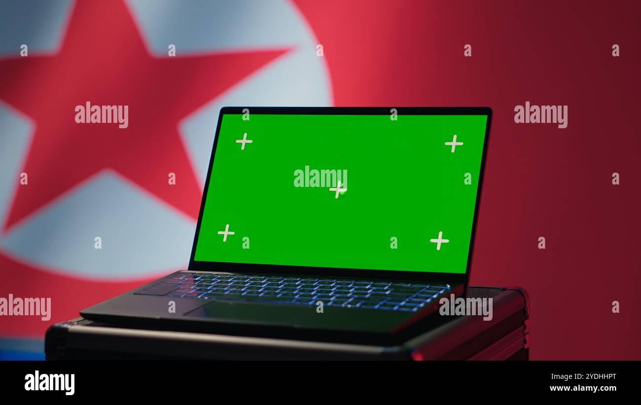 North Korea army soldier using military tech on green screen laptop to ...
