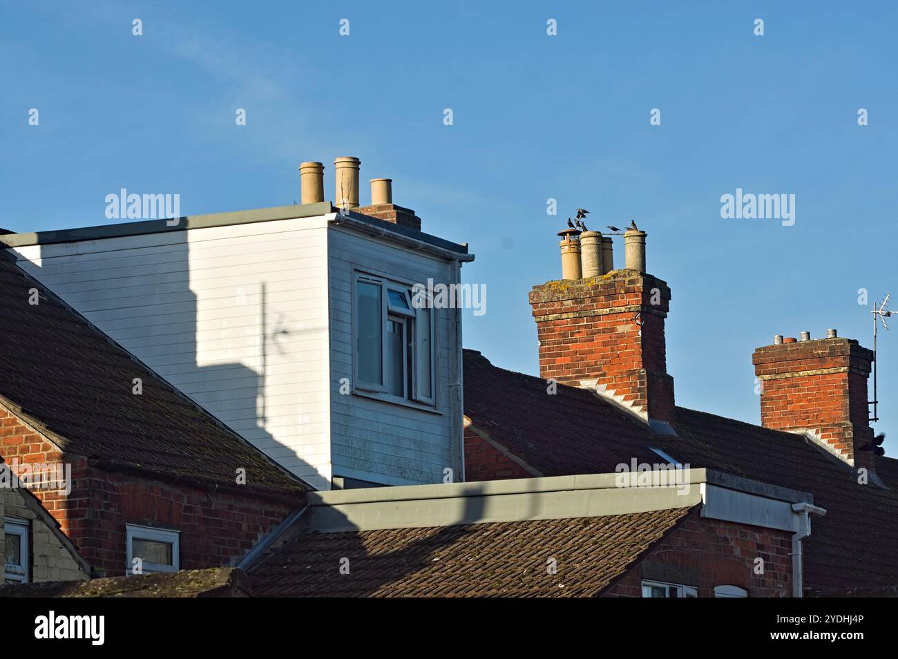 A terraced house loft conversion next to other rooftops with blue sky ...