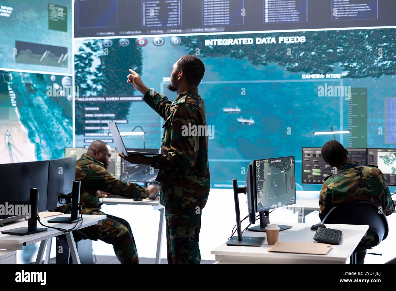 Group of soldiers collaborates on intelligence gathering with a big ...
