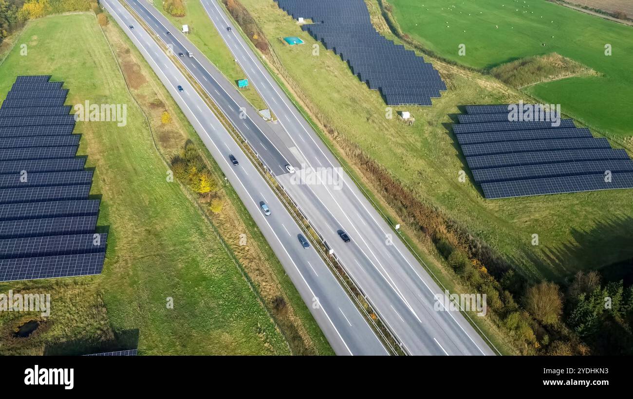 Aerial view on the A7 motorway in northern Germany between fields and ...