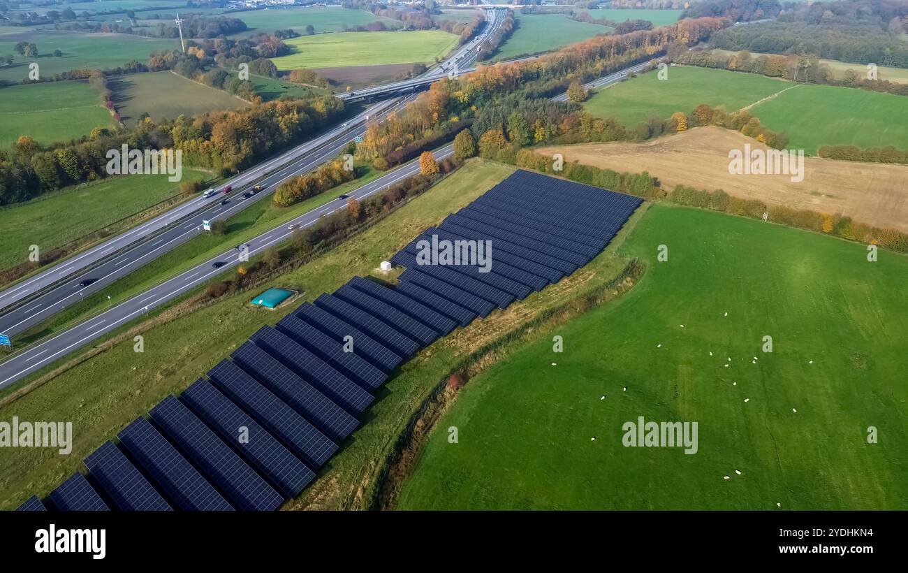 Aerial view on the A7 motorway in northern Germany between fields and ...