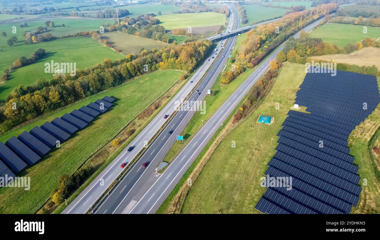 Aerial view on the A7 motorway in northern Germany between fields and ...