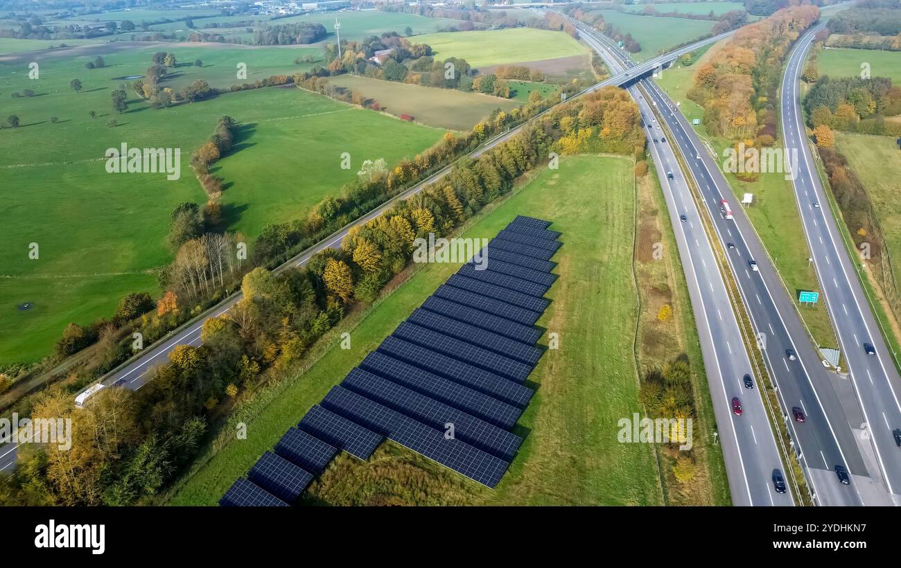 Aerial view on the A7 motorway in northern Germany between fields and ...