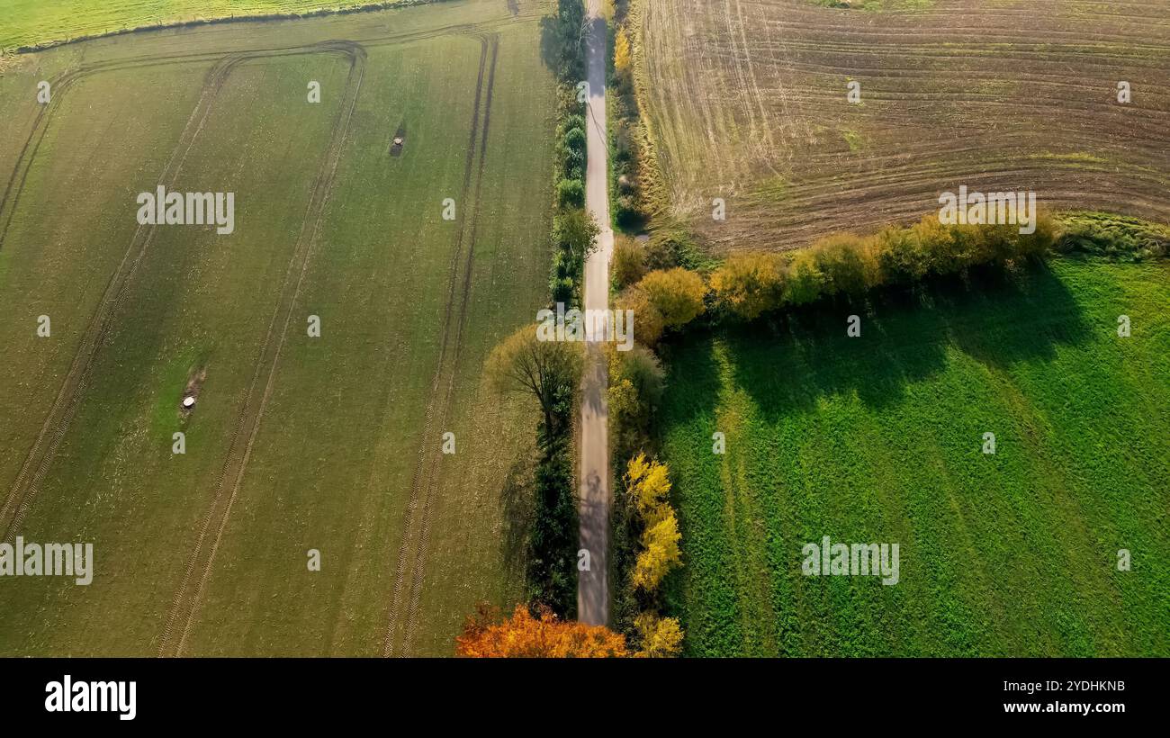 Drone view of a small country road in Northern Europe in the fall ...