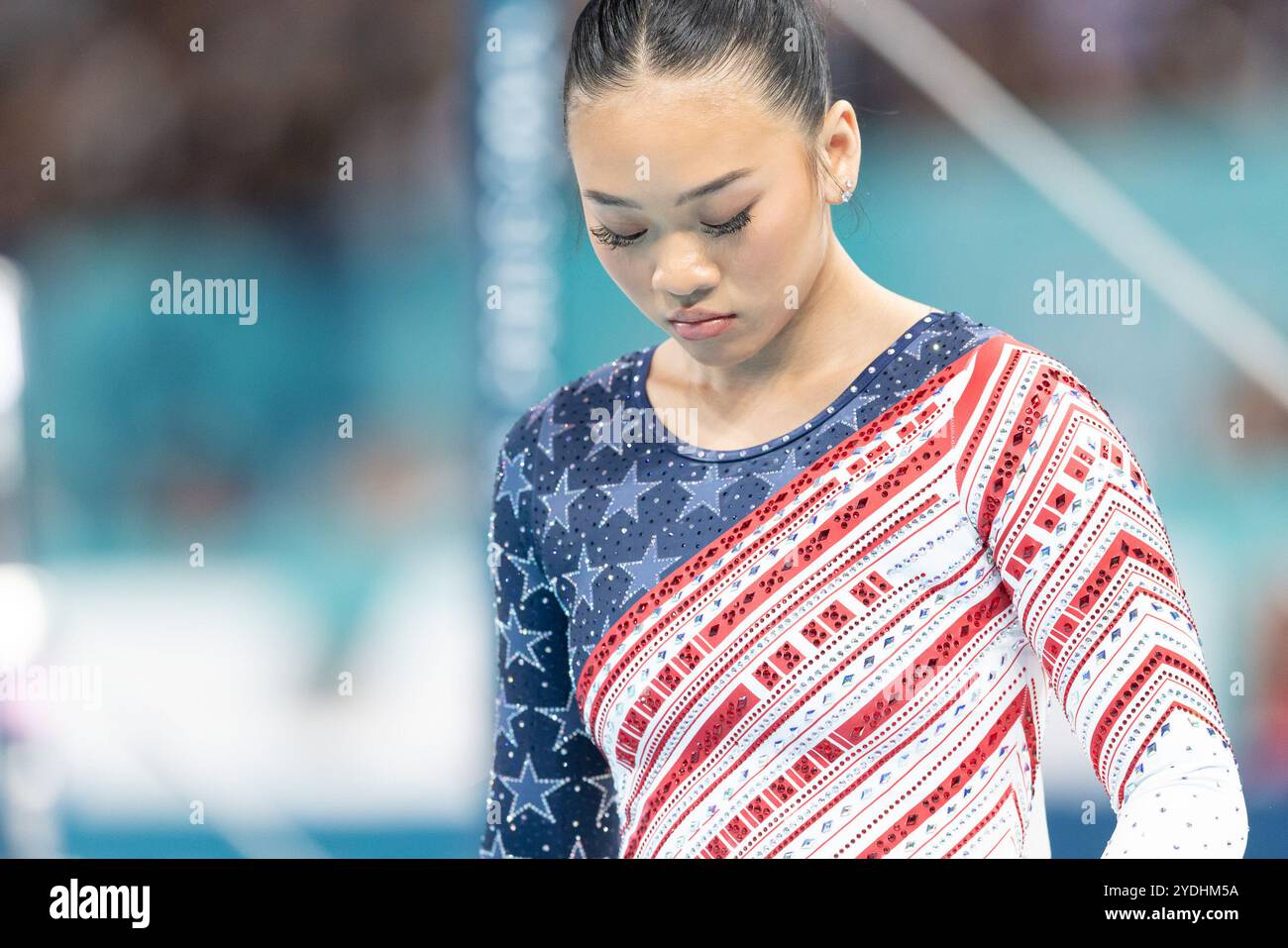 Paris, France. 30th July, 2024. Sunisa Lee of USA prepares for her beam performance during the ...