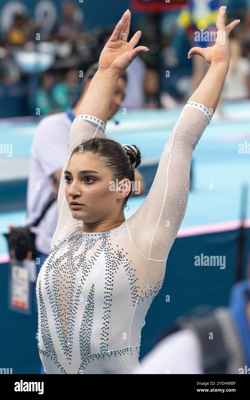 Paris, France. 30th July, 2024. Elisa Iorio of Italy stretches during the Women's Artistic ...
