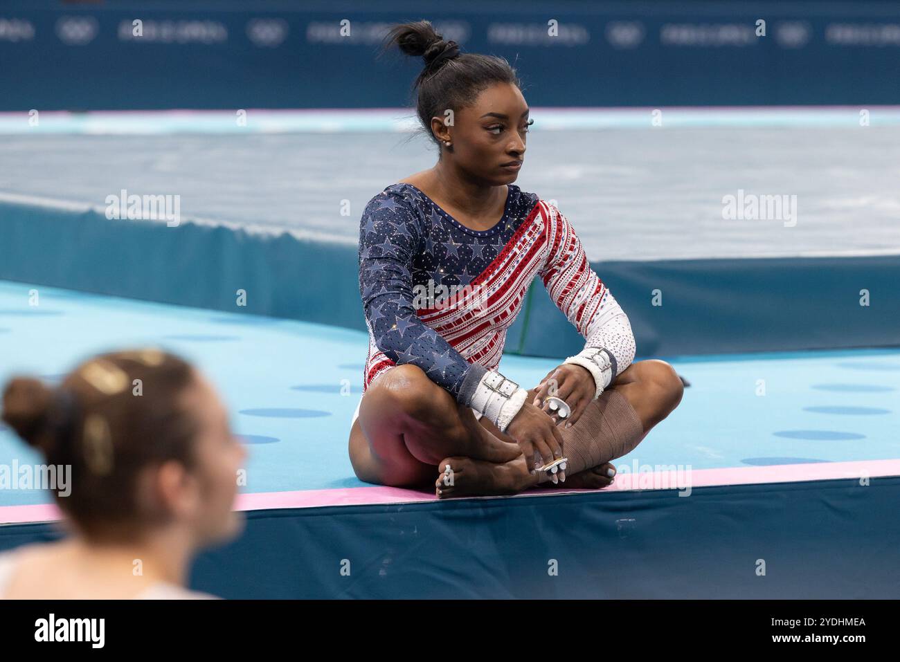 Paris, France. 30th July, 2024. Simone Biles of USA has a quiet moment ...