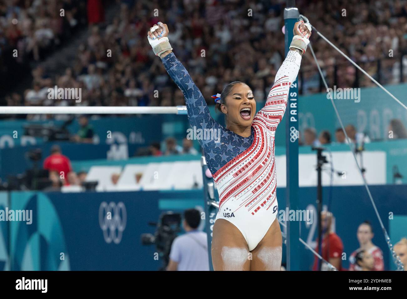 Paris, France. 30th July, 2024. Jordan Chiles of USA celebrates her ...