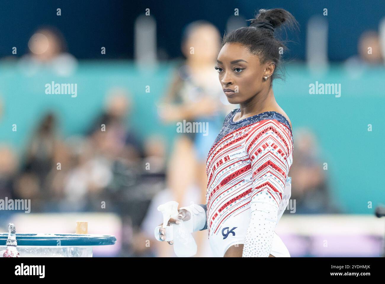 Paris, France. 30th July, 2024. Simone Biles of USA prepares for her ...