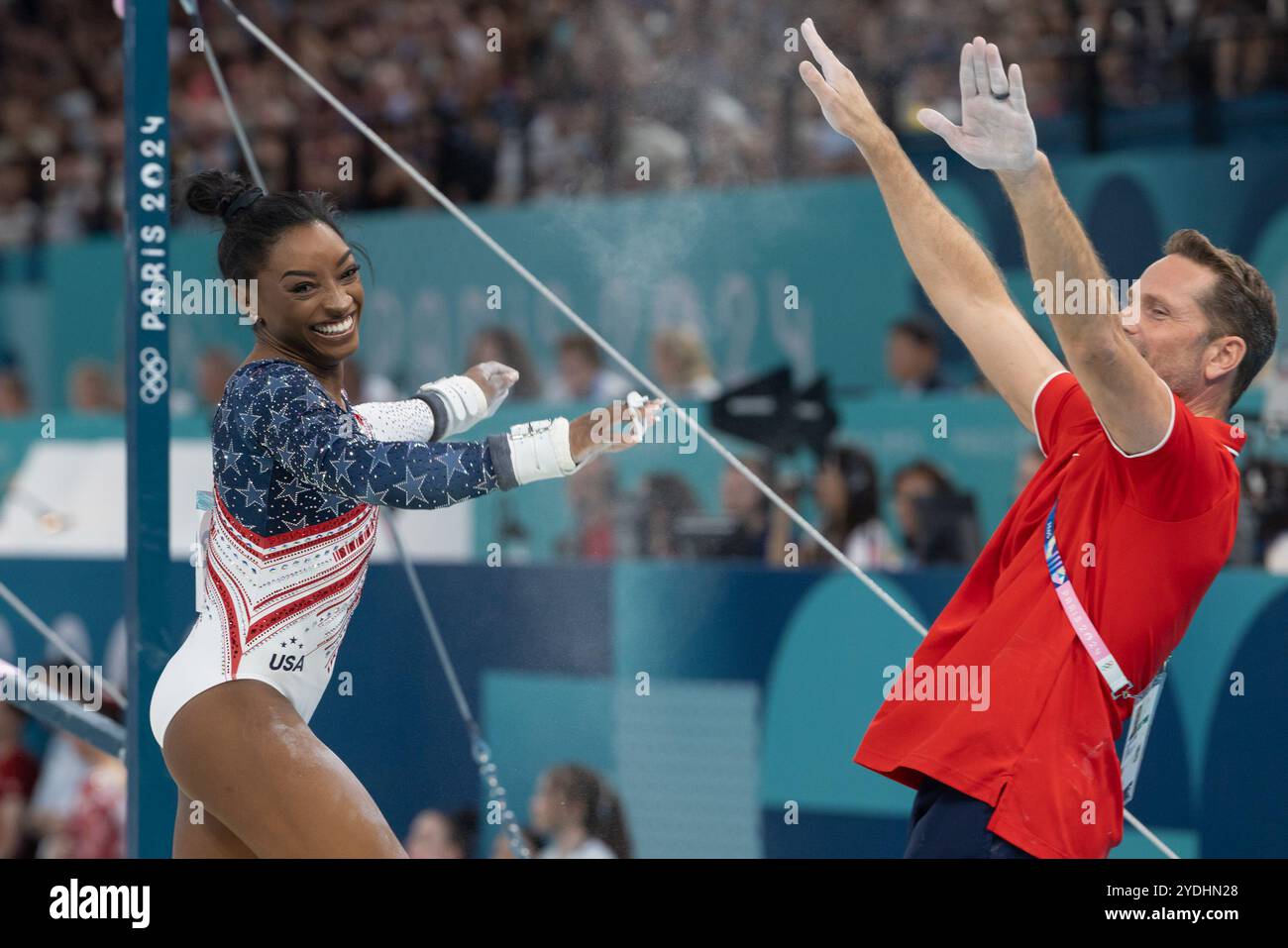 Paris, France. 30th July, 2024. Simone Biles of USA celebrates with her ...