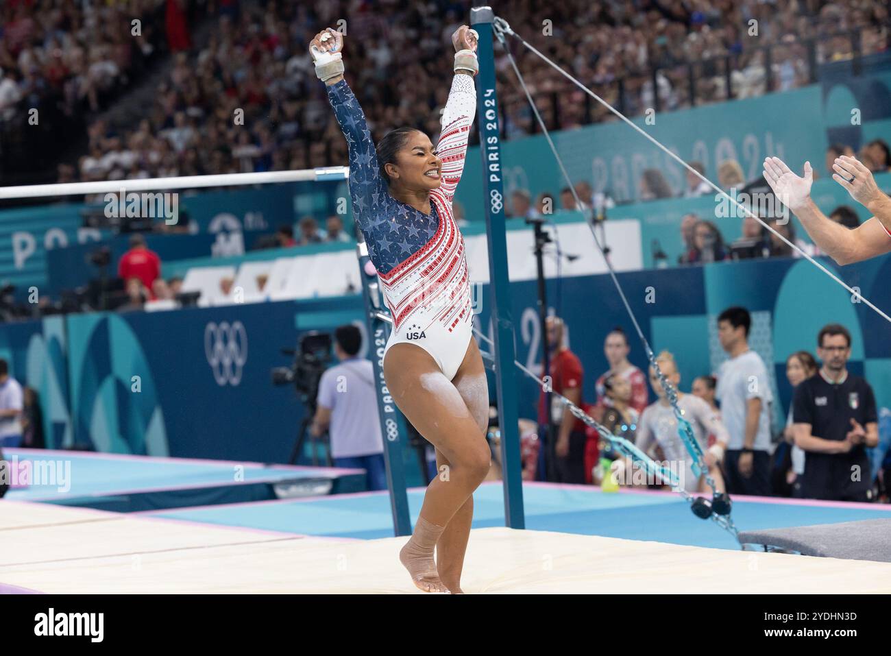 Paris, France. 30th July, 2024. Jordan Chiles of USA celebrates her ...
