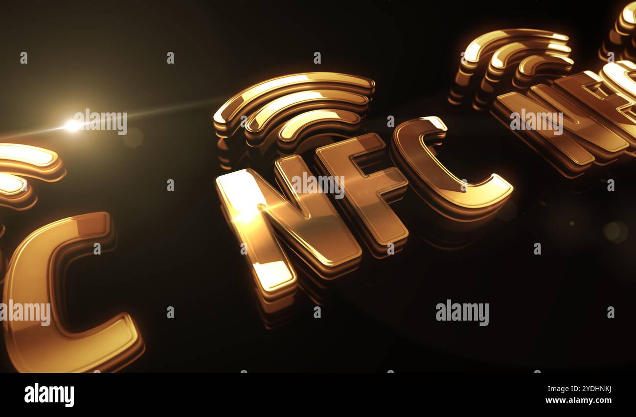 NFC wireless pay mobile phone payment golden metal shine symbol concept ...