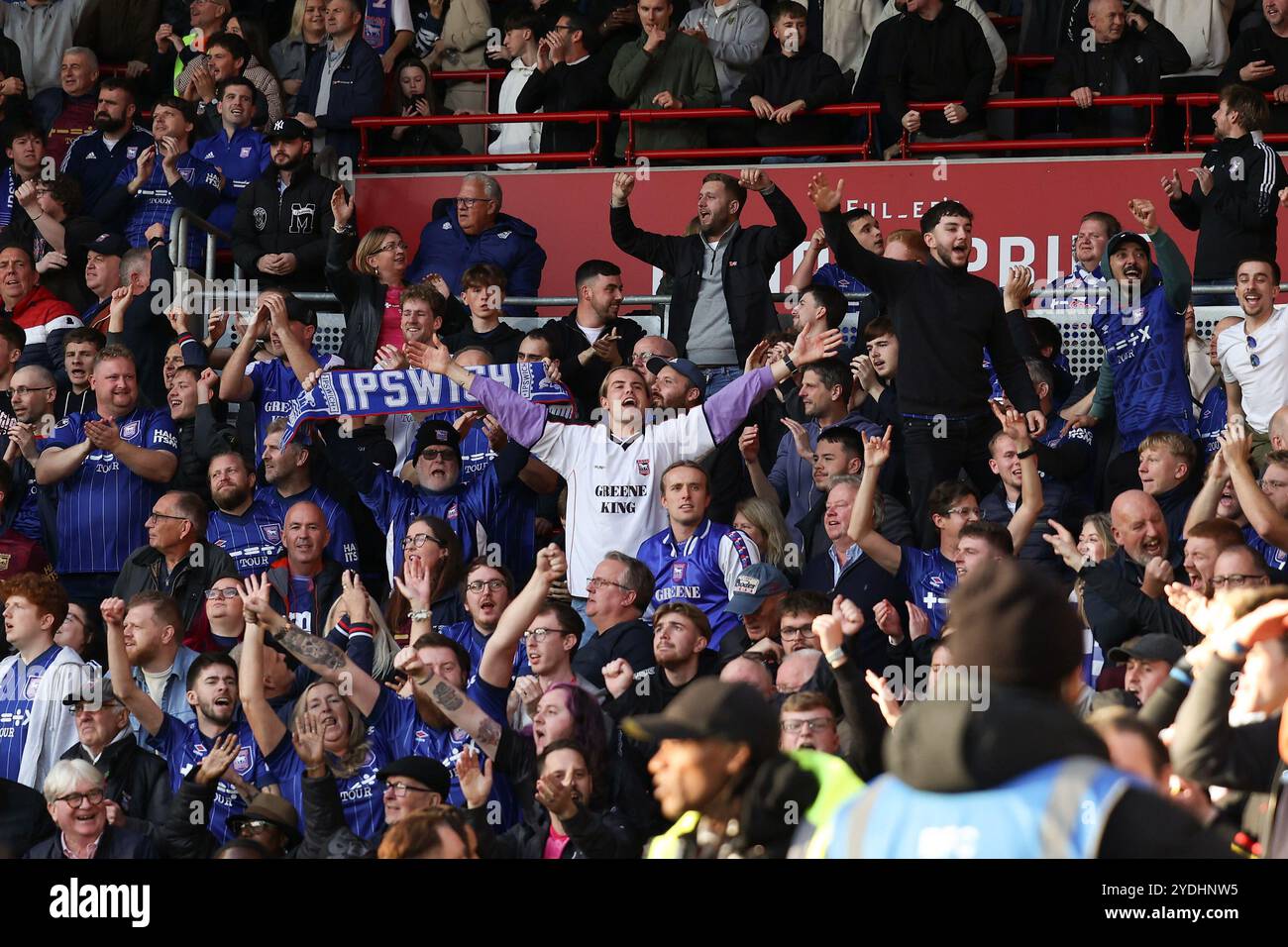 London, UK. 26th Oct, 2024. Ipswich Town fans celebrate Ipswich's goal ...