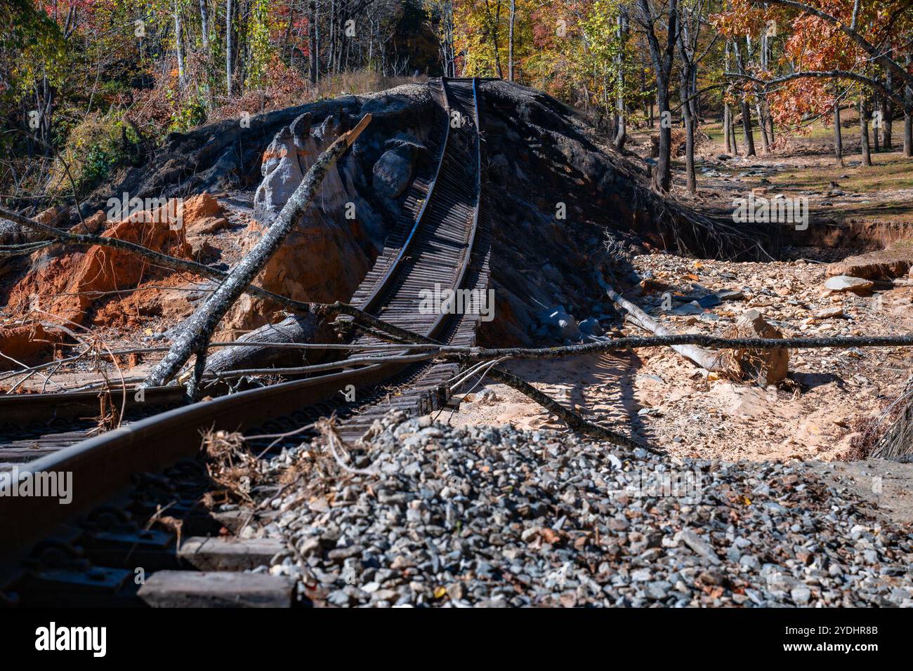A damaged railroad near Old Fort, North Carolina, highlights the extent ...
