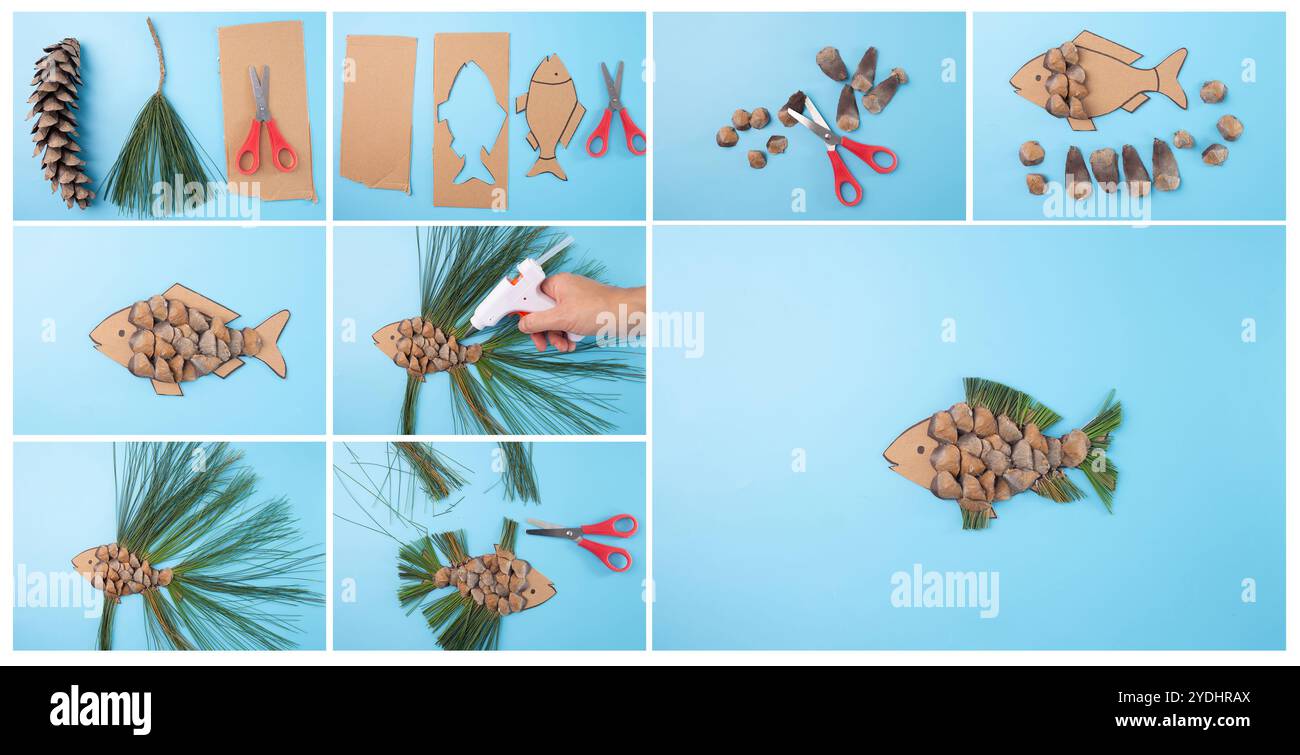 Step by step process of making fish craft with pine cones seed scales ...