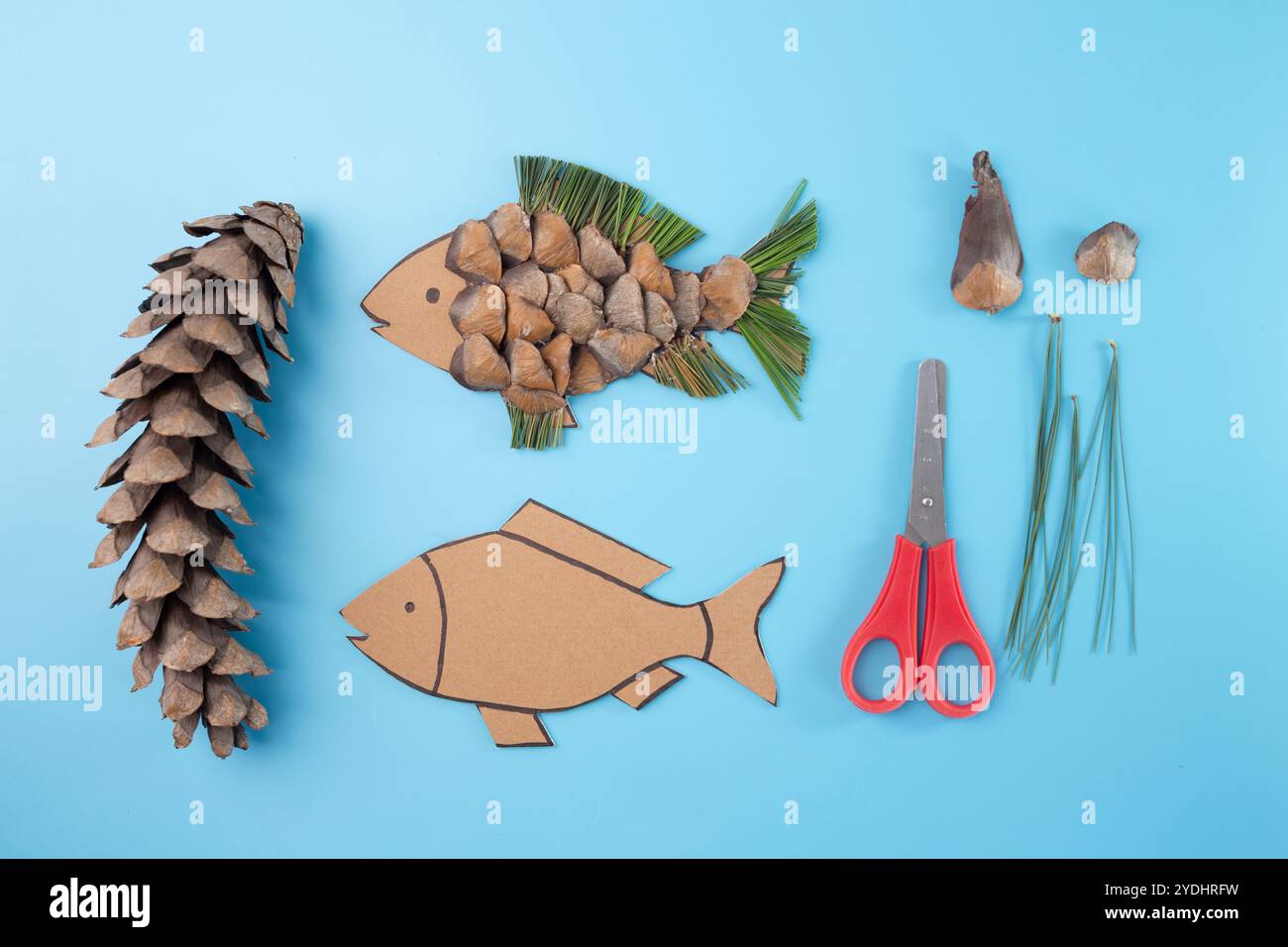 A layout of natural materials and scissors on a blue background ...