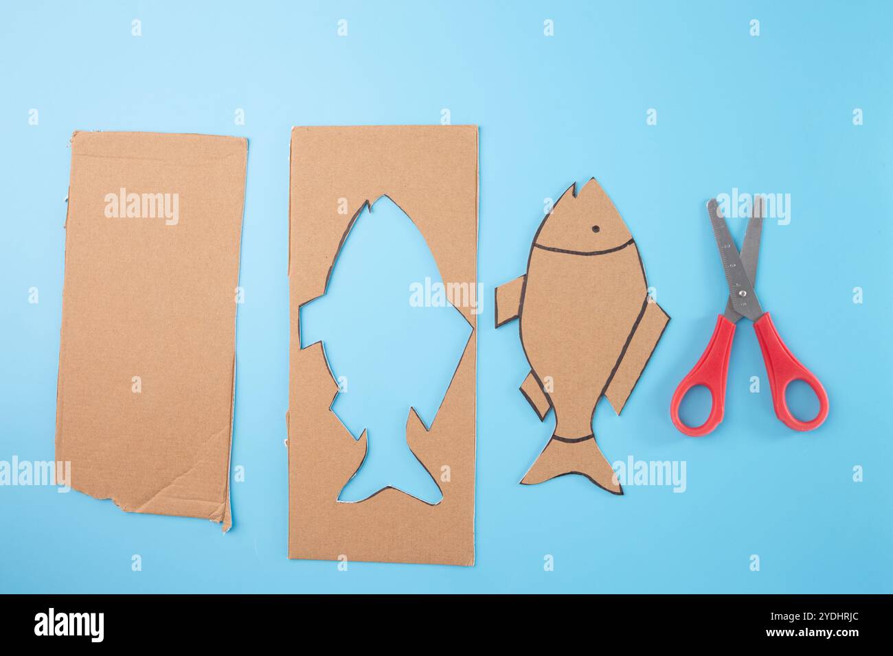 A layout of fish cut out from cardboard, materials and scissors on a ...